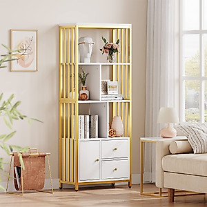 Amyove Gold Bookshelf with Drawers Modern Bookcase Storage Rack Shelf Tall Standing Bookshelves Metal Frame Large Display Racks Book Shelf for Bedroom, Living Room, Home Office, White/Gold