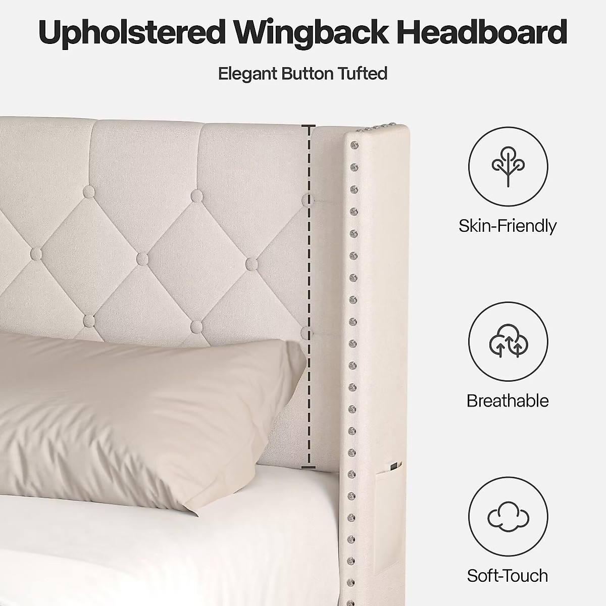 Lihimte Queen Size Bed Frame with Led Lights, Upholstered Velvet Platform Bed Frames with Button Tufted Wingback Headboard and Footboard, Wooden Slats Support, No Box Spring Needed, Beige