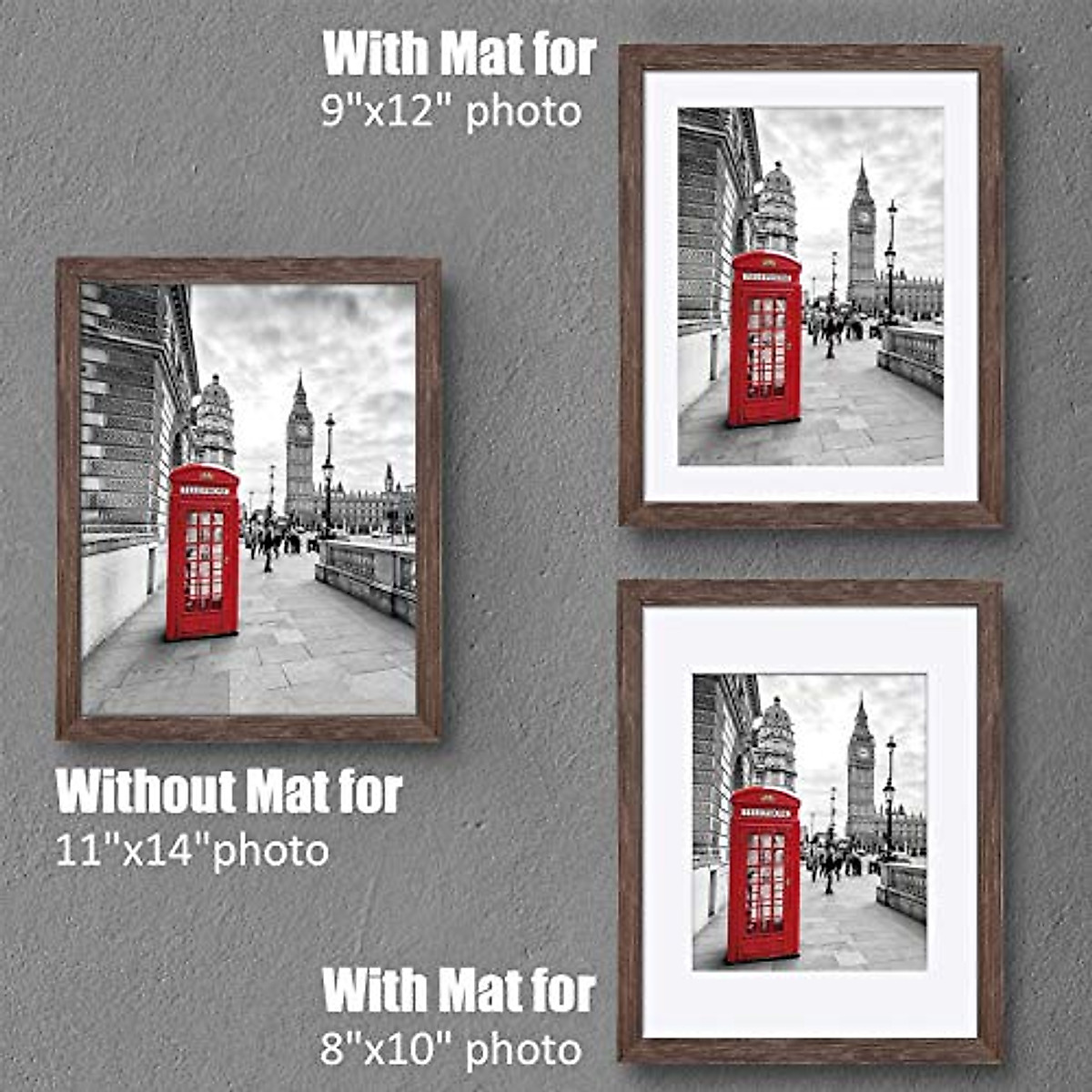 11x14 Rustic Picture Frames Solid Wood Distressed Brown Display Picture 9x12 or 8x10 with Mat or 11x14 Frame without Mat - Farmhouse Wooden Photo Frame 11x14 with 2 Mats for Wall Mounting or Table Top