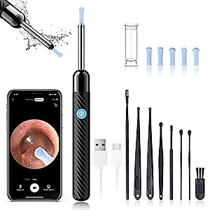 Ear Wax Removal - Earwax Remover Tool with 8 Pcs Ear Set - Ear Cleaner with Camera - Earwax Removal Kit with Light - Ear Camera with 6 Ear Spoon - Ear Cleaner for iOS & Android (Black)