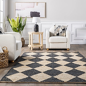 Rugs USA x Arvin Olano Louie Diamond Checkerboard Jute Area Rug, 8x10, Charcoal