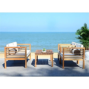 SAFAVIEH Outdoor Collection Alda Natural/ Beige Cushions/ Striped Bolster Pillows 4-Piece Conversation Patio Set