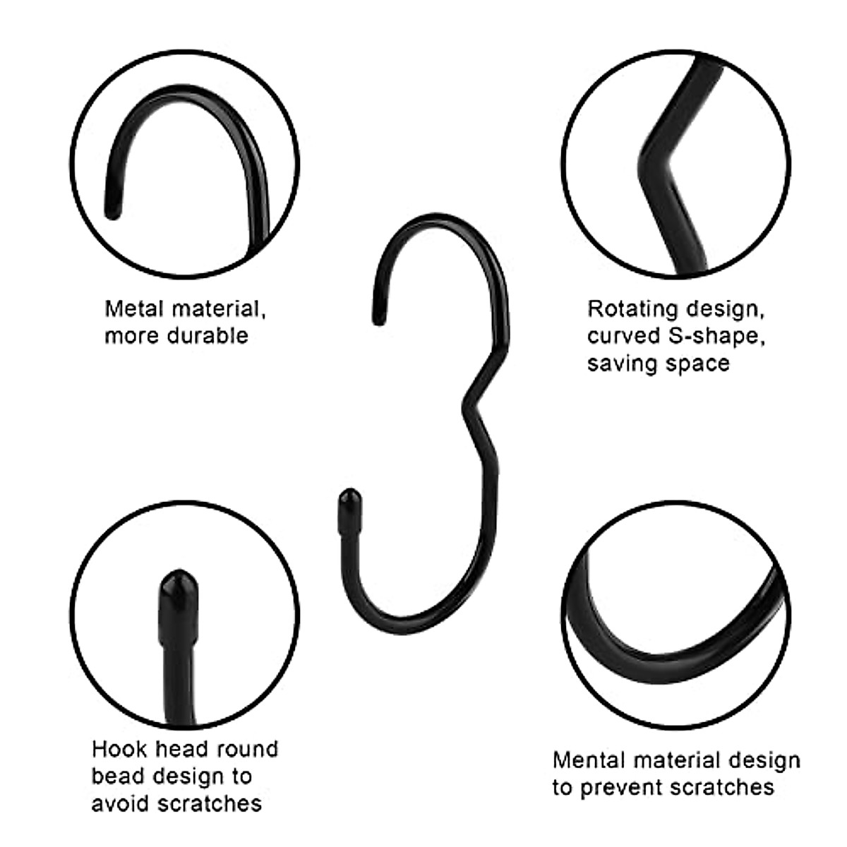 SAVITA 10pcs Purse Hooks for Closet, Heavy Duty Black S Hooks for Hanging Clothes in a Closet Handbags Twist Design with Rubber Stopper for Living Room Kitchen Bathroom S Hooks Rod (Black)