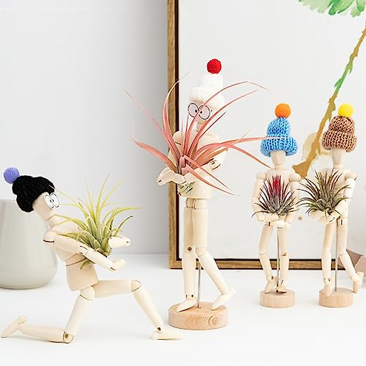 Melphoe 4 Pack Air Plant Holder Wooden Jointed Mannequin Tabletop Flexible Shape Adjustable Pose & DIY Accessories Decor Planter Tillandsia Air Fern Display Stand for Home, Office