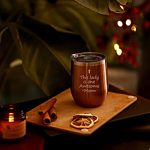 This Lady Is One Awesome Mom Wine Tumbler Awesome Mom Tumbler Birthday Mothers Day Christmas Gifts for Mom from Daughter Son Mom Wine Tumbler Mom Gifts 12 Ounce with Lid Straw and Gift Box Rose Gold