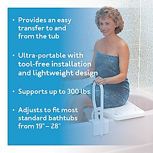 Carex Portable Shower Bench - Shower Bath Seat - Fits tub having width in the range of 19"-28". Comfortable Contoured Seating Area with 300 Pound Weight Capacity, Portable and Easy to Store