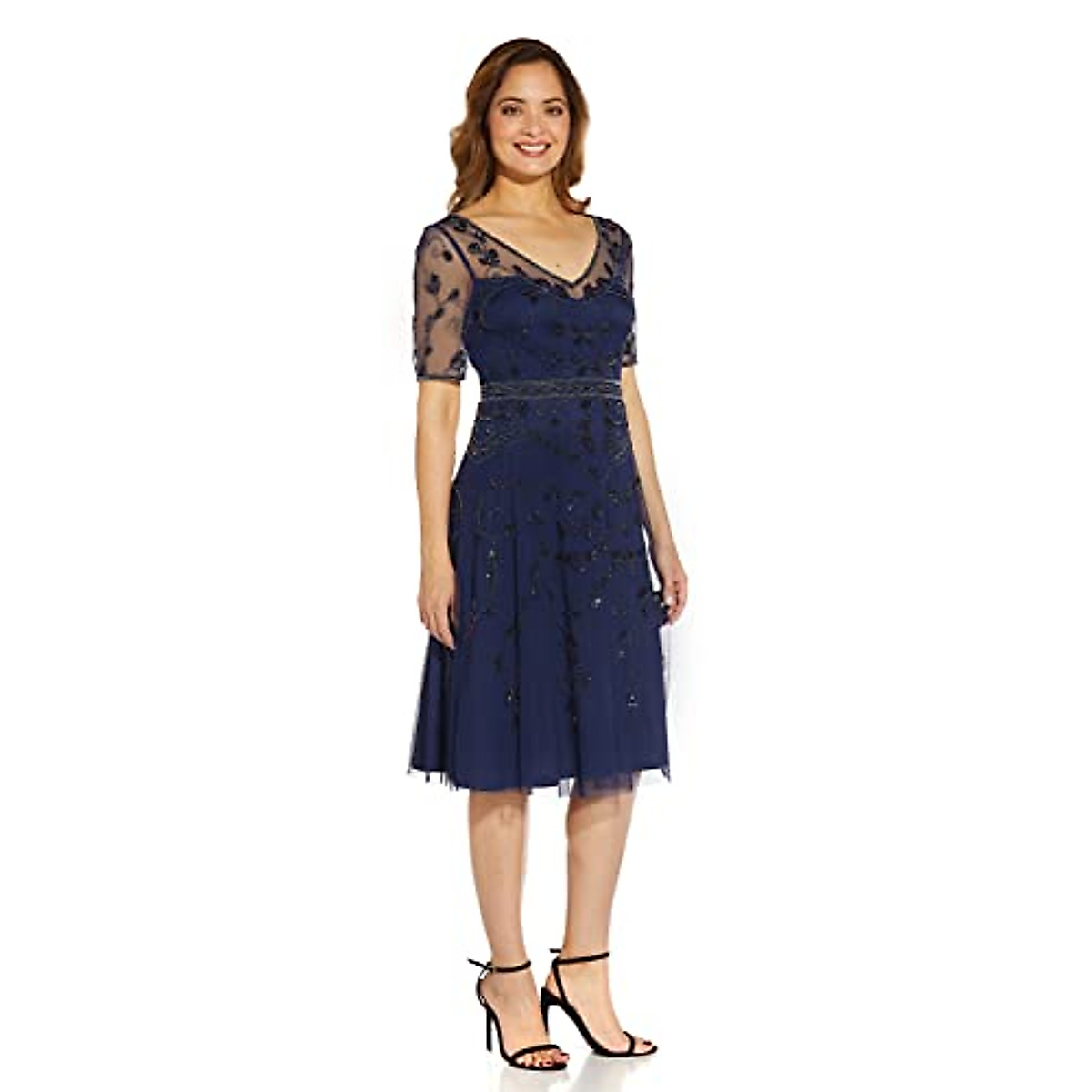 Adrianna Papell Women's Beaded MIDI Dress, Light Navy, 6