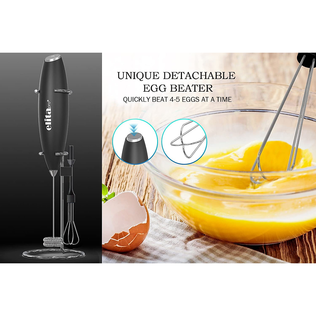 ElitaPro ULTRA-HIGH-SPEED 19,000 RPM, Milk Frother DOUBLE WHISK, Unique Detachable EGG BEATER and STAND For quick preparation (Black)