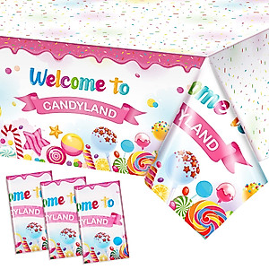 3 Pcs Candyland Party Decorations Candyland Tablecloth Candy Theme Plastic Table Cover Candy Land Lollipop Decorations for Birthday Baby Shower Candy Land Christmas Party Supplies