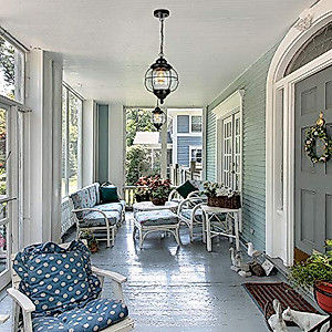 LALUZ Outdoor Pendant Lights, Farmhouse Ceiling Hanging Porch Fixture in Black Metal with Clear Bubbled Glass Globe in Iron Cage Frame, Exterior Lantern for Gazebo, Entryway, Patio