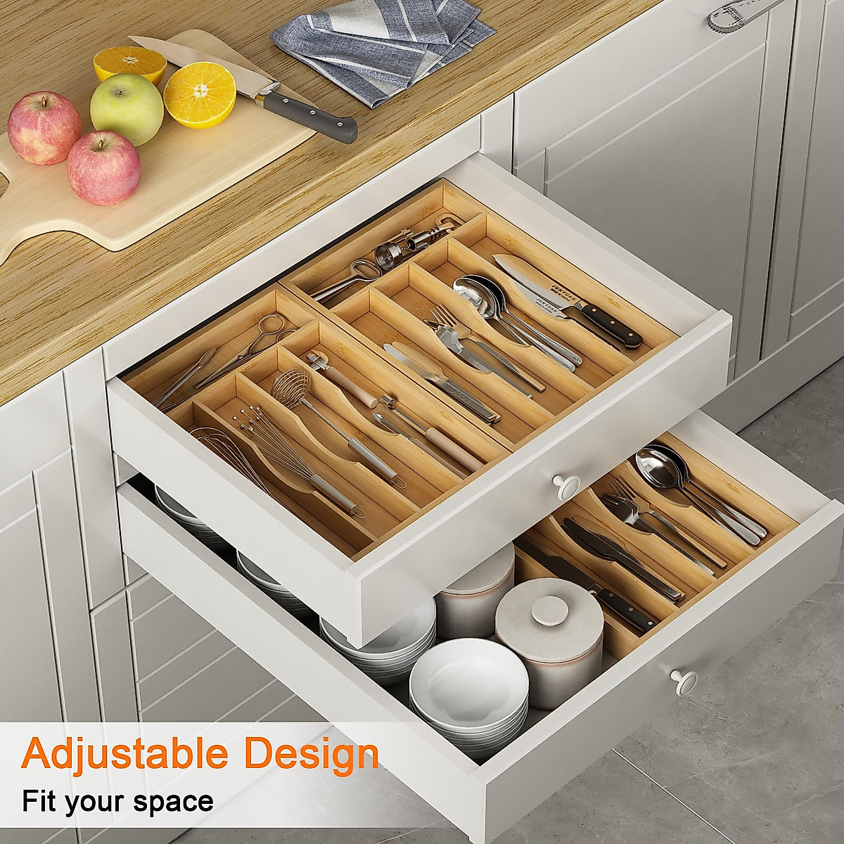 Youpehom Bamboo Utensil Organizer for Kitchen Drawers, Utensil Tray and Cutlery Silverware Holder,Wood Drawer Dividers with 5 Slots