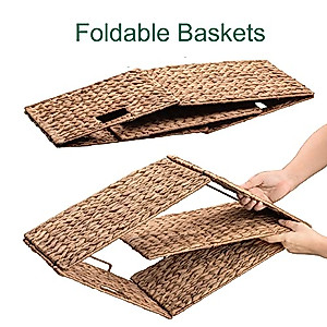 eHemco Rectangular Water Hyacinth Wicker Storage Baskets with Iron Wire Frame, 16.1"x12.6"x9.5", Light Brown, Set of 2
