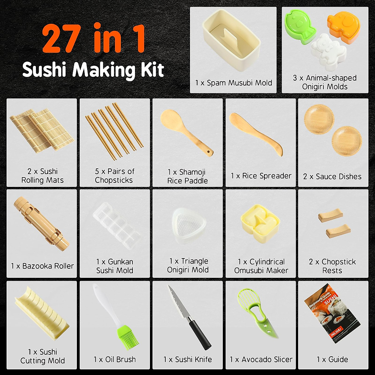 Delamu Sushi Making Kit, 23 in 1 Sushi Maker Bazooker Roller Kit with Bamboo Mats, Chef's Knife, Triangle/Nigiri/Gunkan Sushi Rice Mold, Chopsticks, Sauce Dishes, Rice Spreader, User Guide