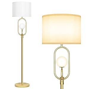 Yolsunes Modern Gold Floor Lamp with Night Light, Brass Standing Lamp White Linen Shade, Globe Stand Up Lamp 67’’ Tall Lamps for Living Room Nursery Bedroom Office, 3W 2700K Led Included, E26 Base