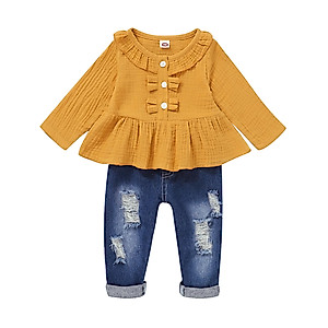 18 Months Girl Clothes Toddler Baby Girl Outfits Fall Long Sleeve Top Ripped Jeans Set Winter Baby Girl Clothes 18-24 Months Yellow
