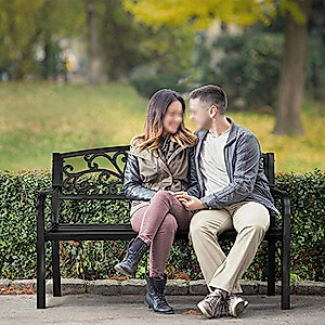 Patio Park Garden Bench, 50" Outdoor Bench Metal Bench with Powder Coated Iron Metal Frame & Floral Ivy Design Backrest, 400lbs Sturdy Steel Frame Furniture for Yard Porch Entryway Lawn Decor Deck