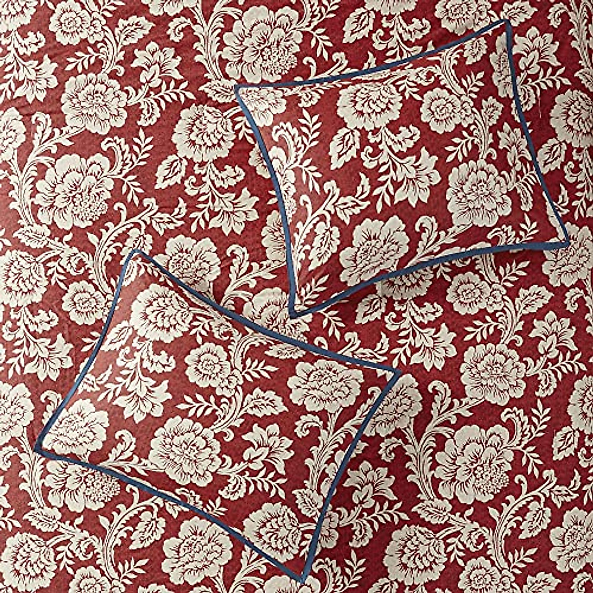 Madison Park Lucy 100% Cotton Reversible Duvet Set Beautiful Floral Pattern, Ruffle Border Design All Season, Breathable Comforter Cover Bedding, Matching Shams, Queen(90"x90"), Red 9 Piece