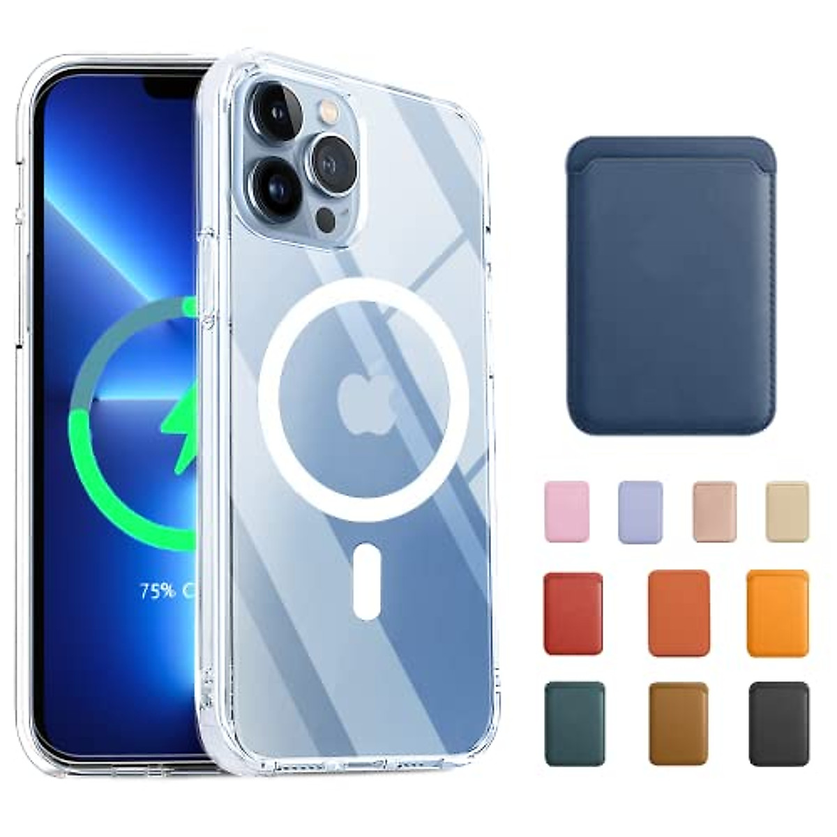 SONVICTY LIFE [2 in 1] Magnetic Clear Case for iPhone 13 Pro Max + 1x Magnetic Leather Wallet Card Holder, [Anti-Yellowing] [Mil-Grade Drop Tested] Compatible with All MagSafe Accessories, 6.7" Blue