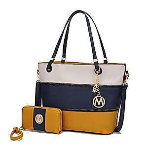 Mia K Collection Tote Satchel Handbag for Women, Wristlet Wallet Set – PU Leather Bag – Top Handle Shoulder Purse Ivory-Navy