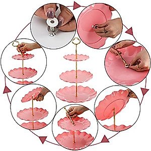 DEAYOU 4 Pack 3-Tier Cupcake Stand, Plastic Dessert Stand Display Tower, Tiered Cake Stands Serving Trays with Gold Rod, Pastry Rack Holder Platter for Buffet, Party, Wedding, Home Decor, Pink, Red