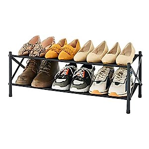 Tajsoon 2-Tier Stackable Shoe Rack, Expandable Fabric Shoes Shelf Storage Organizer with X Shape Fixed Frame for Entryway Doorway, Black