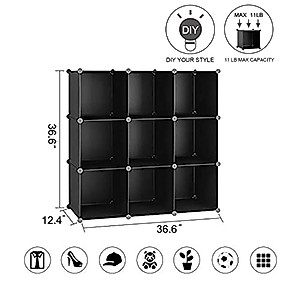 C&AHOME Cube Storage, 9-Cube Bookshelf, Plastic Closet Cabinet Organizer, DIY Stackable Bookcase, Modular Shelving Units Ideal for Home, Office, Kids Room, 36.6" L x 12.4" W x 48.4" H Black SHS3009A