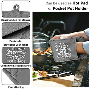 GROBRO7 6Pcs Cotton Oven Mitts and Pot Holders Set Happiness is Homemade Heat Resistant Hot Pad Machine Washable Microwave Gloves with Hanging Loop Pocket Potholder for Kitchen Baking Cooking Grilling