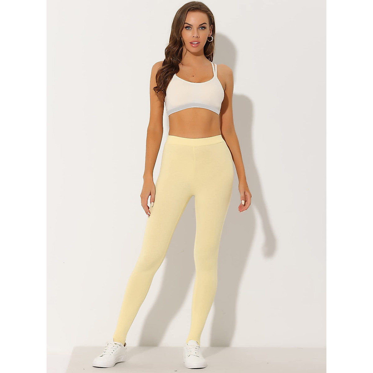Allegra K Women's Leggings Solid Color Elastic Waistband Stirrup Pants X-Small Yellow