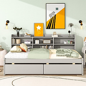 Twin Size Captain Bed with 2 Storage Drawers Wood Day Beds with Side Bookcase, Twin Bed Frame for Kids, Boys, Girls & Teens, No Box Spring Needed, Grey