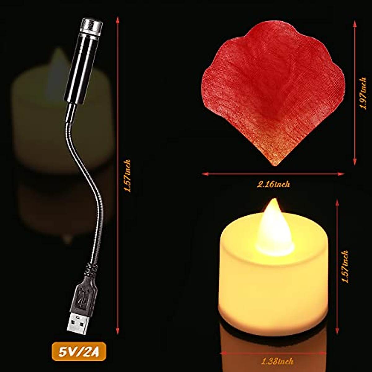 Valentine's Day 1000 Pieces Rose Flower Petals with 12 Pieces LED Love Candle Tealight Candles, 1 Piece USB Night Light for Valentine Day Proposal Wedding Birthday Party Decoration Table Centerpiece