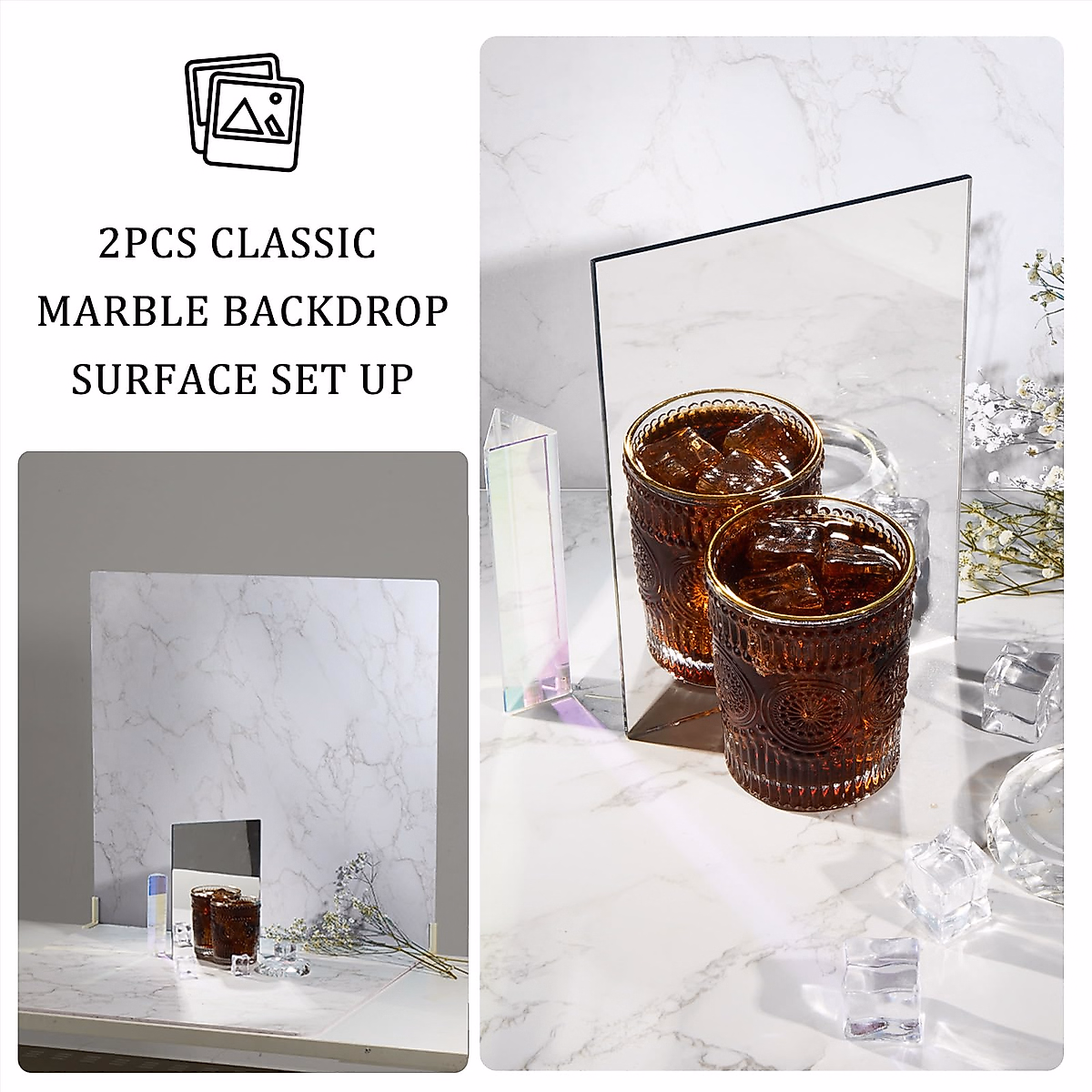 BEIYANG Food Photography Backdrops 24x24 inch Marble Photo Backdrop Boards 3PCS White Photography Backdrop Boards with 3 Bracket Kits Soild Board Waterproof Backdrop for Food Photography