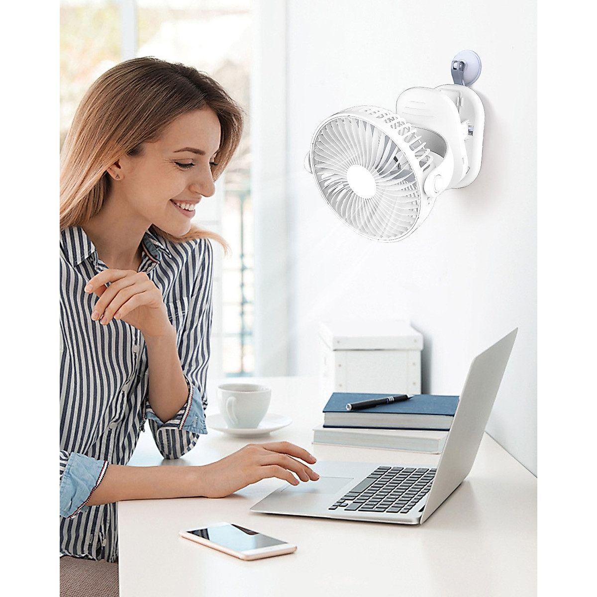 Portable Clip on Fan, Oscillating ＆ 120° Rotate Battery Operated Stroller Fan, 4 Speed Quiet Mini Personal Desk Fan, USB Rechargeable Fan for Outdoor Camping Golf Cart Stroller Home Office White