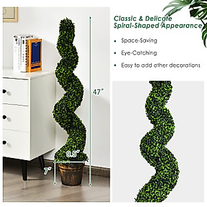 Goplus 4FT Artificial Spiral Boxwood Topiary Tree, 2 Pack Greenery Large Faux Plant in Cement-Filled Plastic Pot, Tall Fake Plant for Indoor Outdoor Home Front Porch Decor