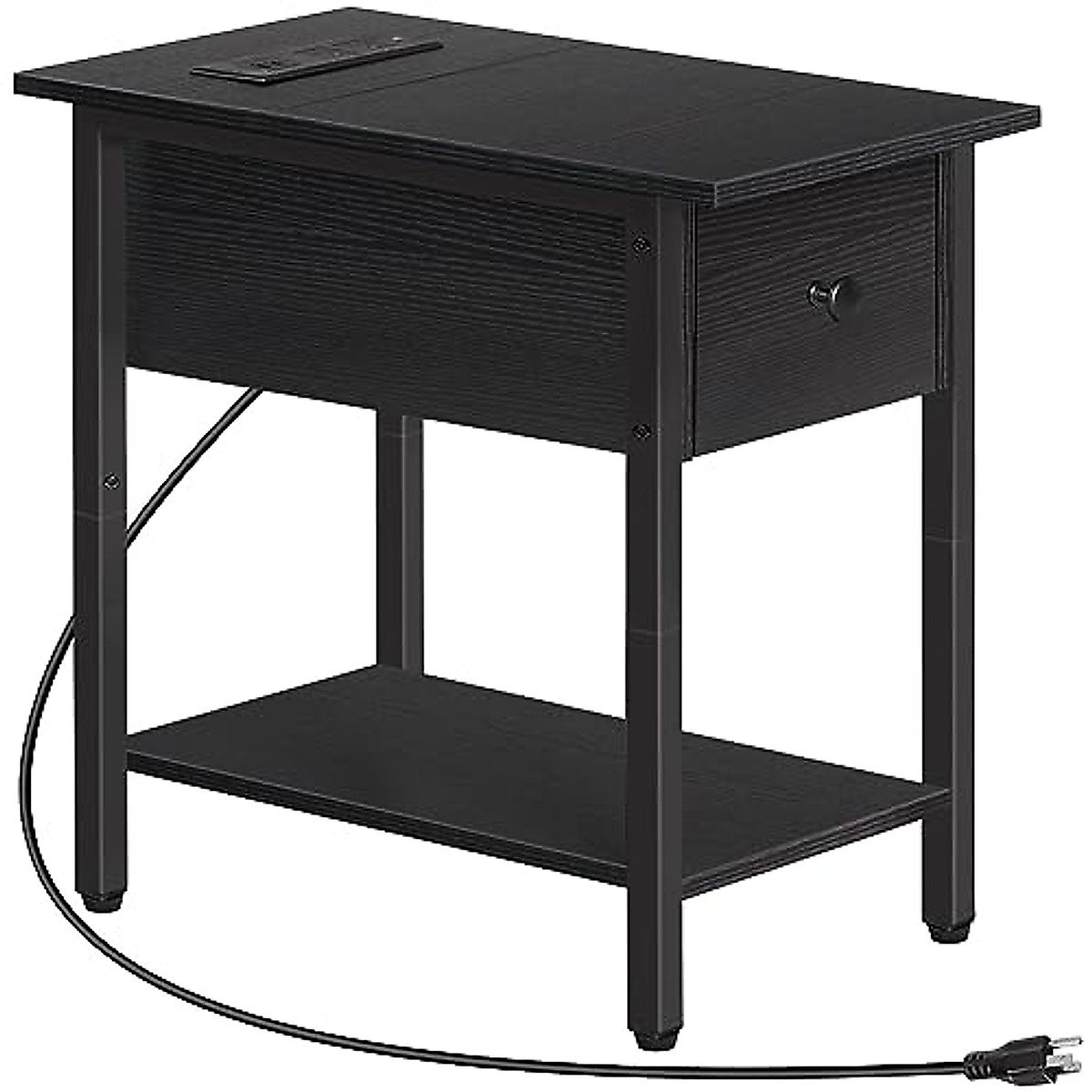 HOOBRO Side Table with Charging Station, Narrow End Table, Bedside Table, Sofa Side Table with Drawer, 2-Tier Coffee Table, Space Saving, for Living Room, Bedroom, Study, Black BK041UBZ01