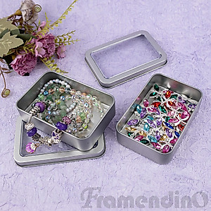 Framendino, 12 Pack Metal Rectangular Storage Organizer Tins with Clear Window Hinged Lids Silver