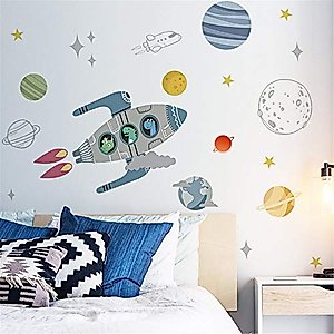 ROFARSO Cartoon Cute Dinosaurs on Rocket Wall Stickers Planets Outer Space Stars DIY Vinyl Removable Large Wall Decals Art Decorations Decor for Kids Boys Bedroom Living Room Playing Room Murals