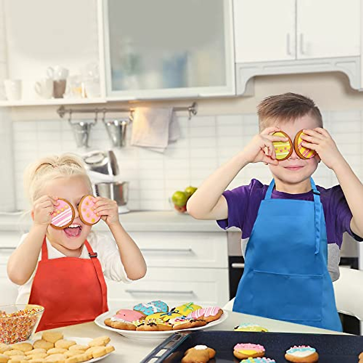 SINLAND Kids Apron with Pocket 2 Pack Children Chef Apron for Cooking Baking Painting (M:6-12 Years)