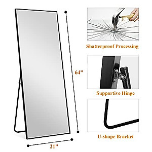NeuType Full Length Mirror Dressing Mirror 64"x21" Large Rectangle Bedroom Floor Standing Mirror Wall-Mounted Mirror Standing Hanging or Leaning Against Wall Aluminum Alloy Thin Frame (Black)