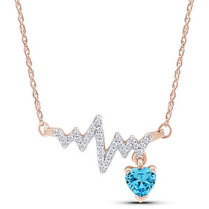 Wishrocks Heart & Round Cut Simulated Aquamarine & White Cubic Zirconia Heartbeat & Heart Pendant Necklace Along with 18" Silver Chain Jewelry for Women in 14k Rose Gold Over Sterling Silver