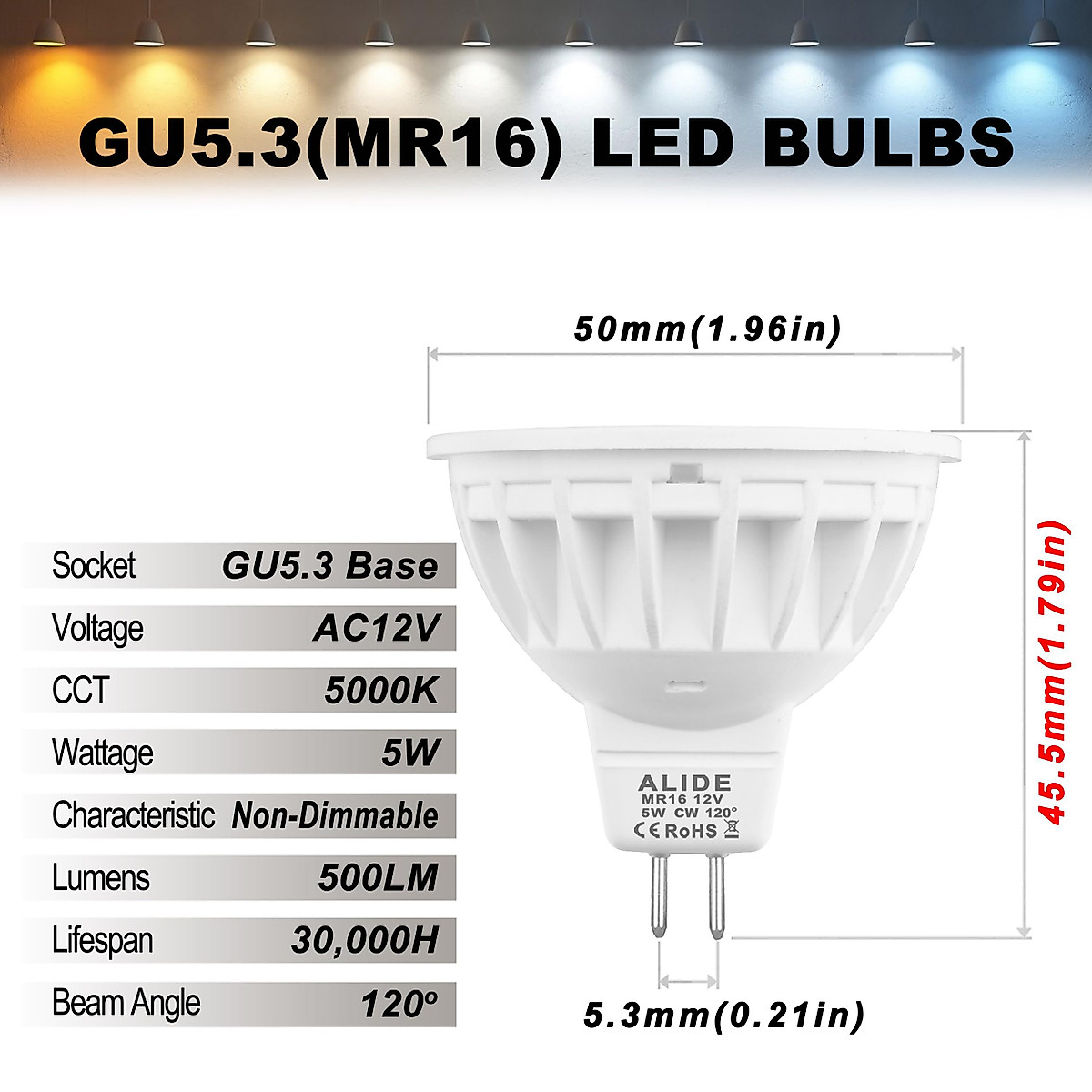 ALIDE MR16 Led Bulbs 5W,50W Halogen Equivalent,Wide Angle 120 Degree,GU5.3 Bi-Pin 5000K Daylight White,12V MR16 LED for Overhead Tracking Flood Recessed Accent Ceiling Landscape Lighting, 6 Pack