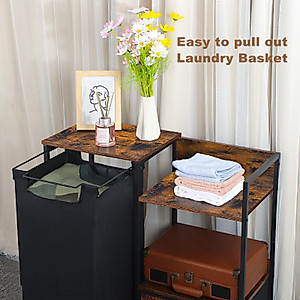 Laundry Hamper, Laundry Sorter with Pull-Out Bags, Laundry Basket Wooden Shelf Clothes Basket Hamper Organizer with Storage Drawer for Bathroom, Bedroom,Laundry Room,Rustic Brown