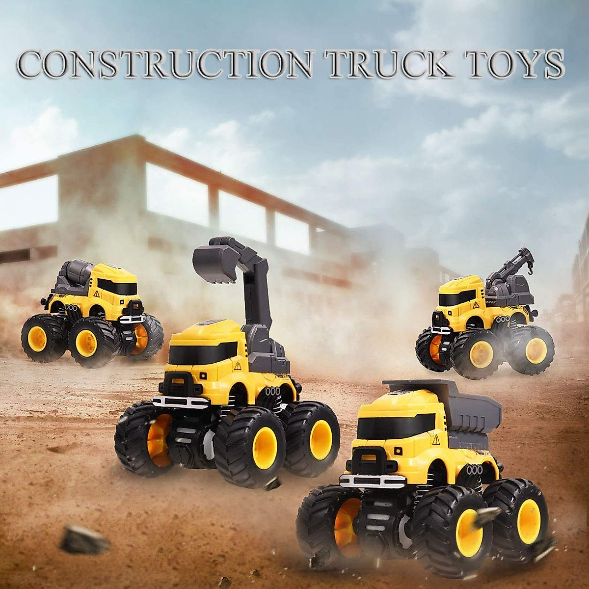 LONANDY Construction Truck Toy Push and Go Car Toys for Boys and Girls, Friction Powered Toy Car Set Include Crane Mixer Excavator Dump Truck, Party Supplies for Toddlers Kids Ages 3+