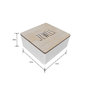 Rae Dunn White Jewelry Box with Natural Wood Lid - Wooden Jewelry Organizer Case for Earring, Necklace, Ring, Watch, Keepsake, Small Accessories - Bedroom Decor and Vanity Storage Organizers "Jewels"