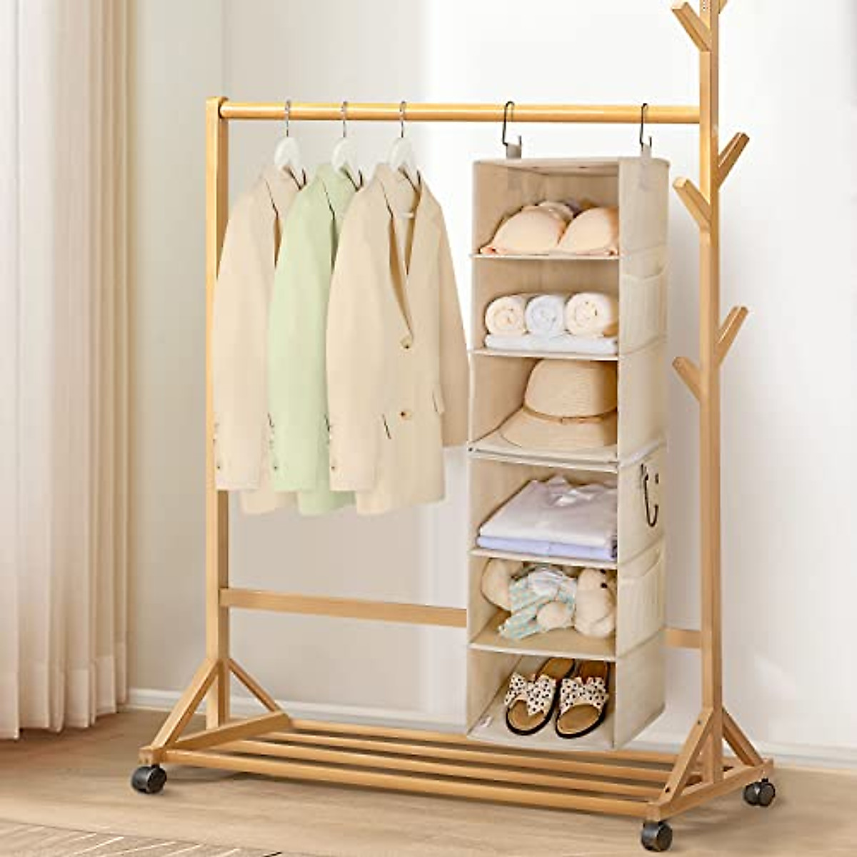 TOPIA HOME 6-Shelf Hanging Closet Organizer, Two Separable 3-Tier Thickened Fabric Hanging Closet Shelves with Mesh Pockets, Collapsible Closet Organizers and Storage Organization, Beige