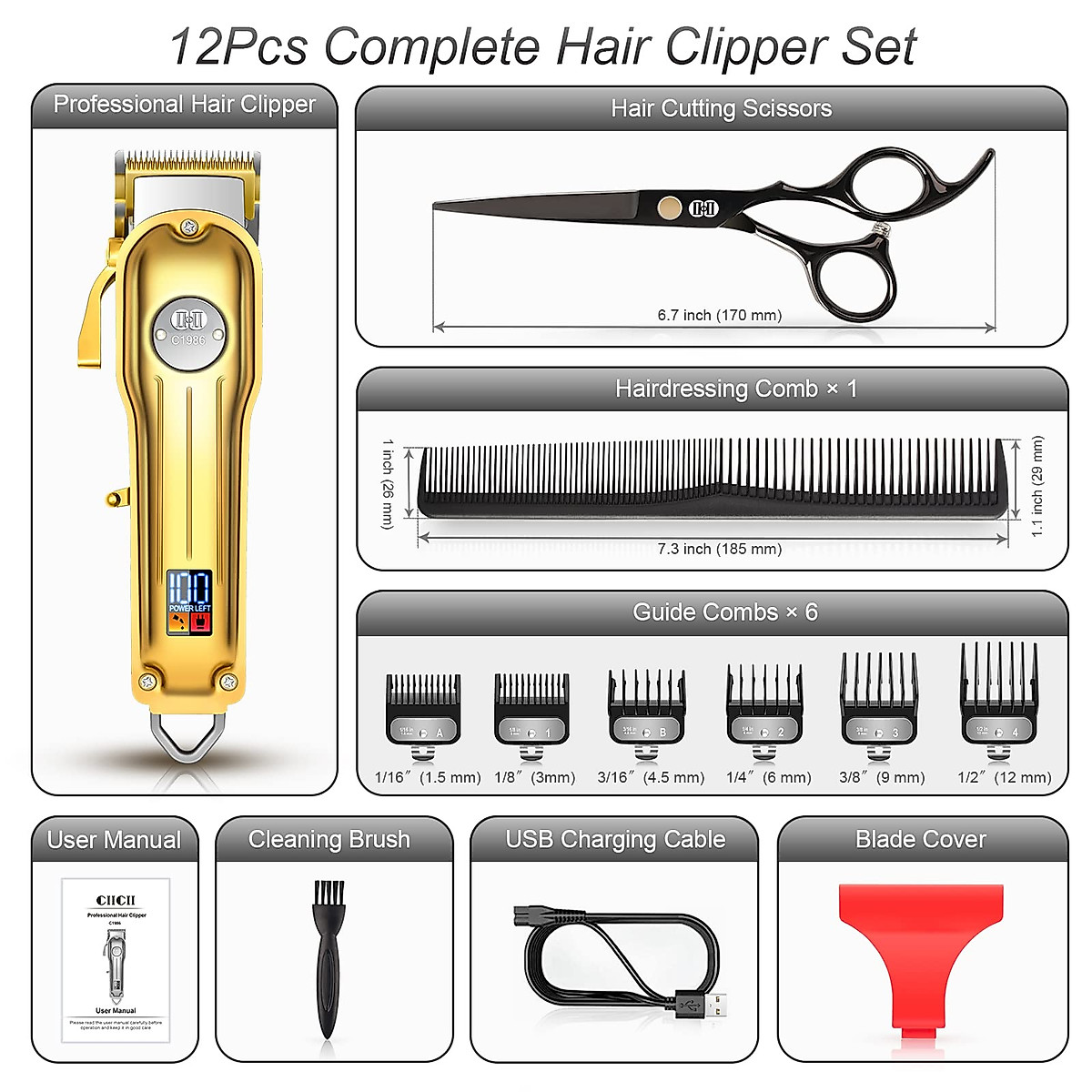 CIICII Hair Clippers for Men Professional, Cordless Barber Clippers for Hair Cutting (12Pcs Rechargeable USB Adjustable LCD Display Hair Beard Grooming Trimming Haircut Kit) for DIY Home Barber Salon