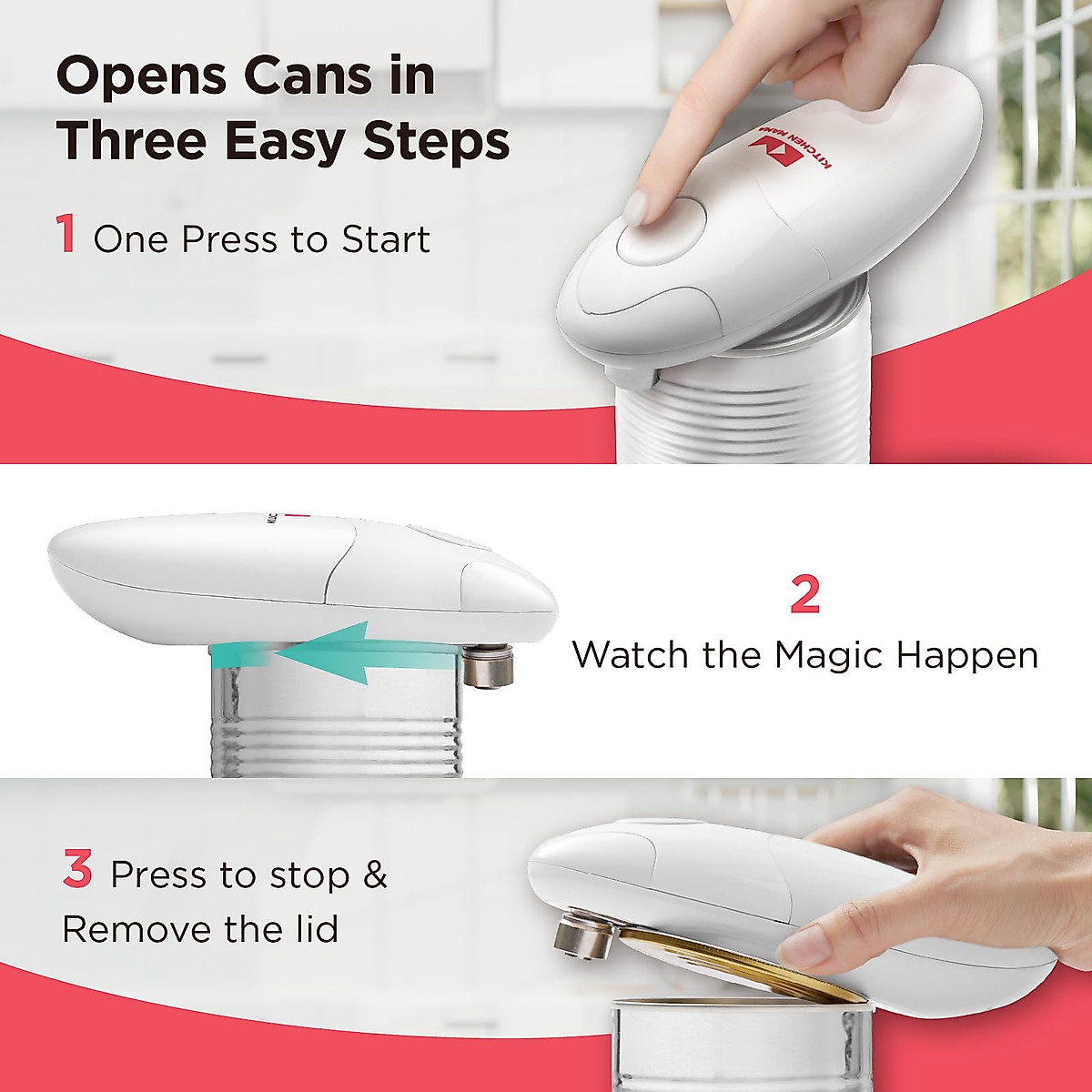Kitchen Mama Electric Can Opener: Open Your Cans with A Simple Push of Button - Smooth Edge, Food-Safe and Battery Operated Handheld Can Opener(White)