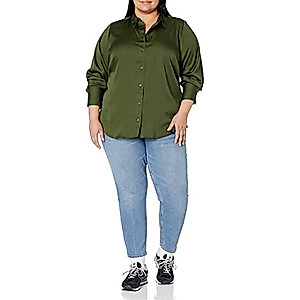 Amazon Essentials Women's Classic-Fit Satin Button Down Blouse (Available in Plus Size), Dark Olive, Medium