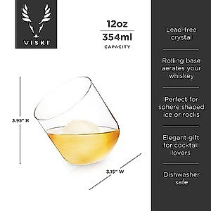 Viski Rolling Crystal Whiskey Tumblers Set of 2 - Premium Crystal Clear Glass, Classic Lowball Cocktail Glasses, Scotch Glass Gift Set - 12 oz