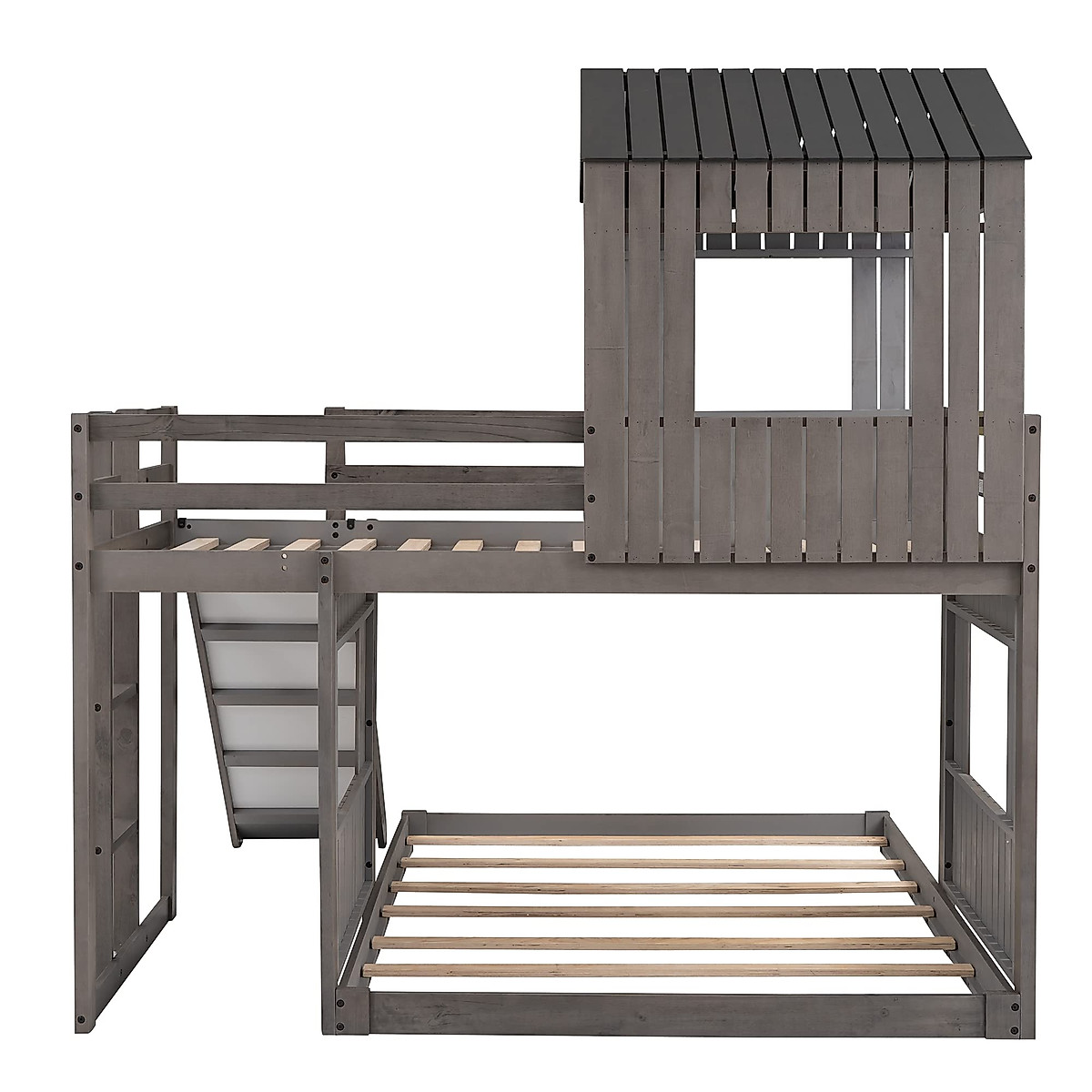 Harper & Bright Designs Twin Over Full Bunk Bed with Slide and Roof, Wood House Bunk Bed with Ladder and Guardrails, Playhouse Bed for Kids Teens Girls Boys – Antique Gray