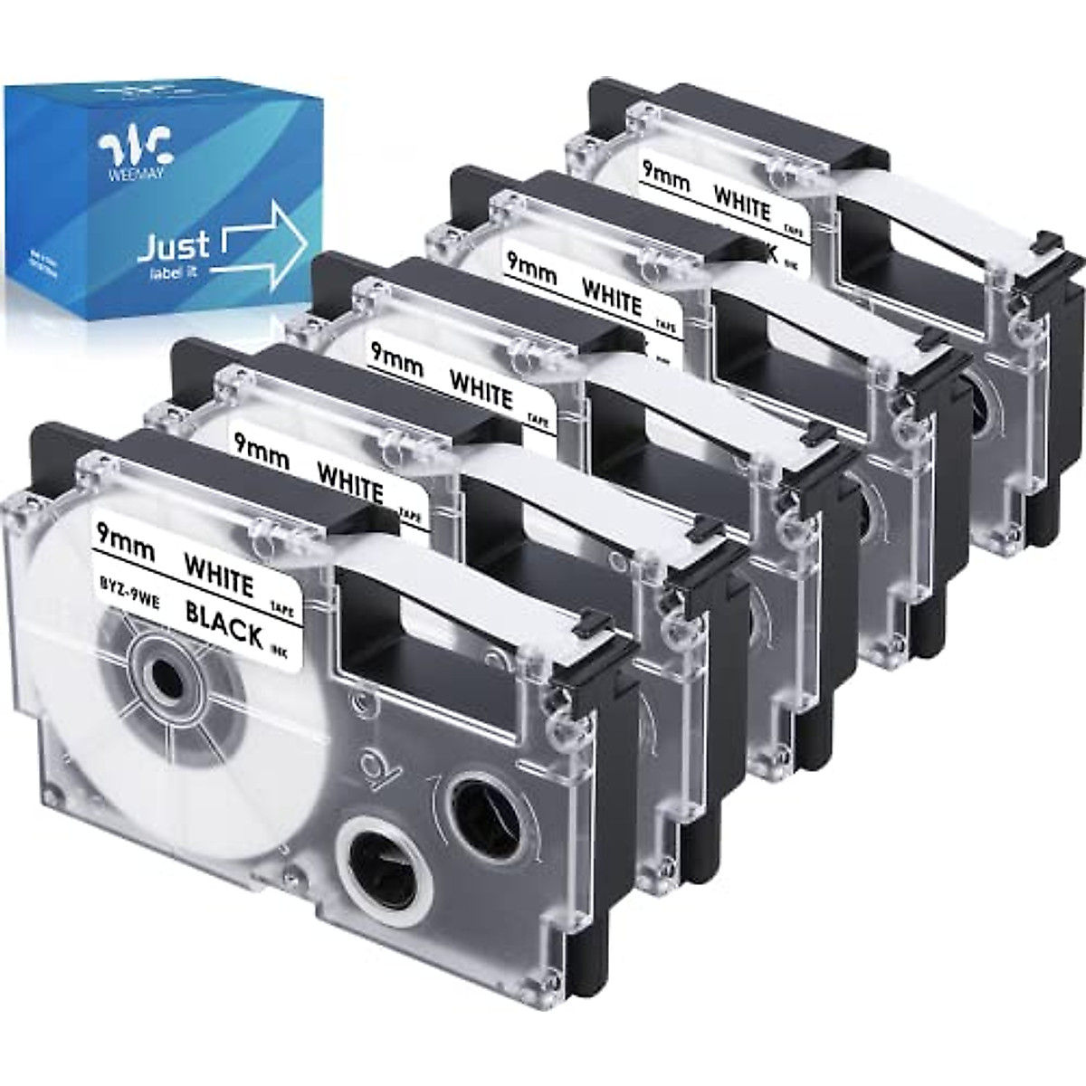 WEEMAY Compatible Label Replacement for Casio Ez Label Printer Tape Cartridge 9mm 0.35 XR-9WE XR-9WE2S XR9WE2S Black on White Cassette for KL Label Maker KL-60 KL-100 KL-120 KL-750 KL-780, 5 Pack